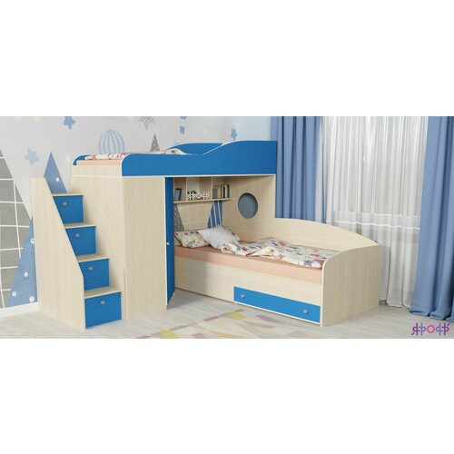 Двухъярусная кровать Кадет 2 с универсальной лестницей Дуб молочный Голубой