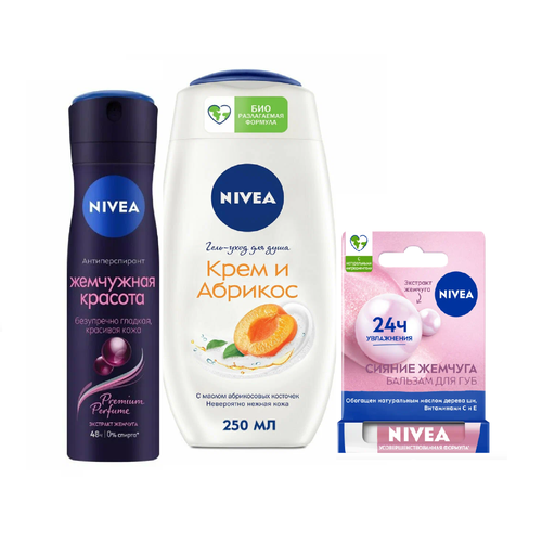Nivea набор: Бальзам для губ Сияние Жемчуга, 4,8 гр + Гель для душа Hydra IQ, молоко и абрикос, 250 мл + Антиперспирант Premium Perfume Жемчужная красота, 150 мл