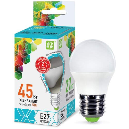 Лампа светодиодная ASD LED-ШАР-Standard, E27, G45, 5 Вт, 4000 К