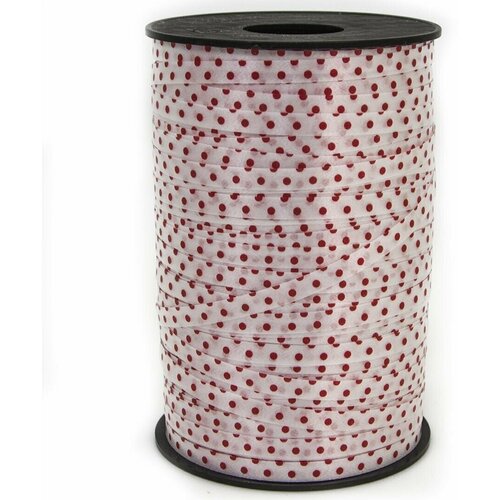 Лента (0,5 см*250 м) оформительская, упаковочная для подарков, шаров, цветов и декора, Красные точки, Белый, 1 шт.