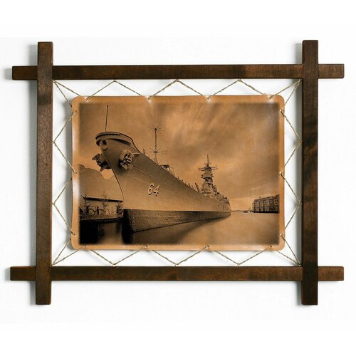 Картина "Корабль", интерьерная для украшения и декора на стену, в деревянной раме, подарок, натуральная кожа, BoomGift