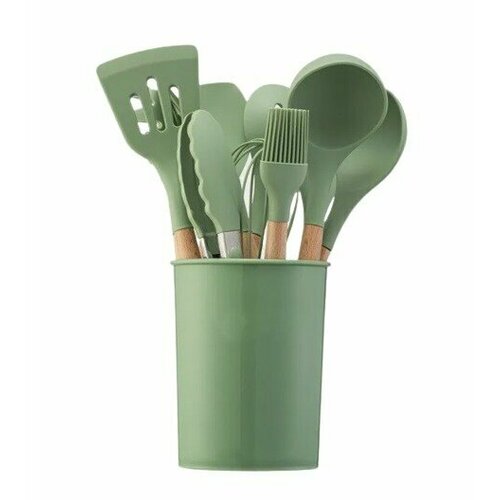 Набор силиконовых кухонных принадлежностей из 12 предметов с подставкой, зеленый