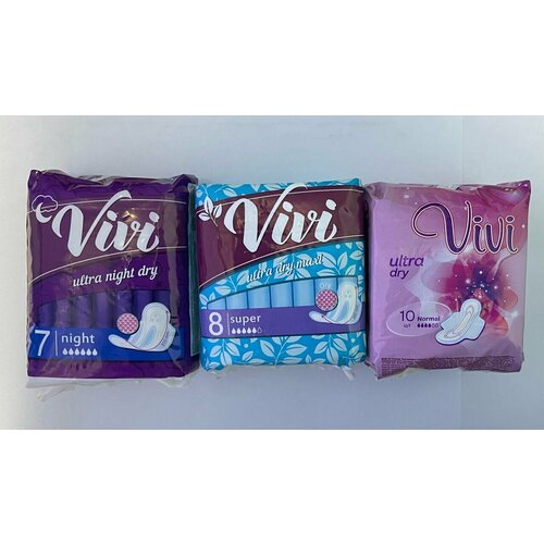 Набор Прокладки женские гигиенические VIVI Night 7 шт/уп + Super maxi 8 ш/уп + Normal ultra dry 10 шт/уп