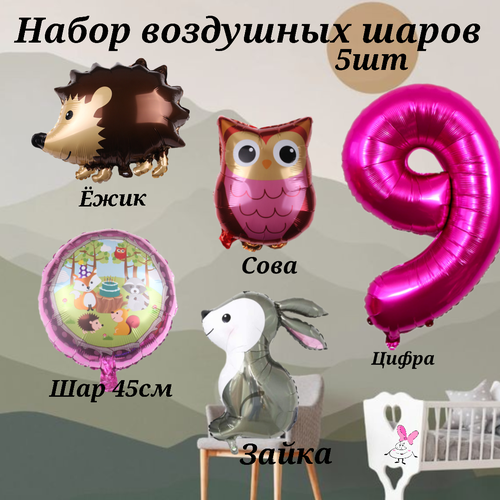 Набор шаров на день рождения девочки на 9 лет Лесные жители (5шт,- цифра 9, ежик, зайчик, сова, шарик 45см)