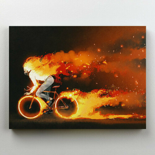 Интерьерная картина на холсте "Человек едет на горящем велосипеде в маске" размер 60x45 см