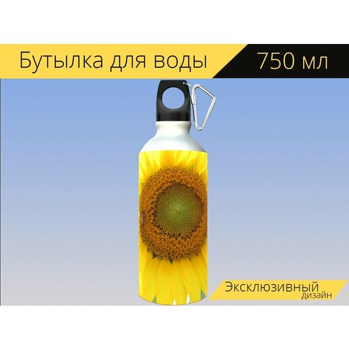 Бутылка фляга для воды "Подсолнухи, желтый, пчелы" 750 мл. с карабином и принтом