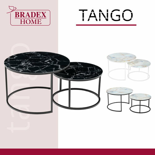 Комплект журнальных кофейных приставных столиков Tango 2 шт закаленное стекло черный мрамор с черными ножками