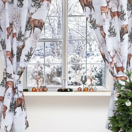Этель Новогодний комплект штор для кухни с подхватами "Сказочный лес" 145х180см-2 шт, габардин