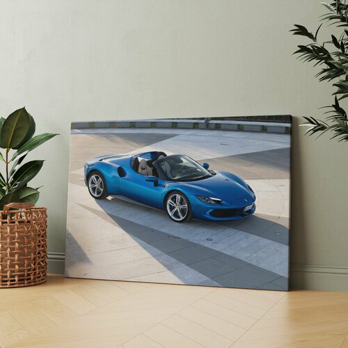 Картина на холсте "Синий спортивный автомобиль, припаркованный на стоянке" 40x60 см. Интерьерная, на стену.