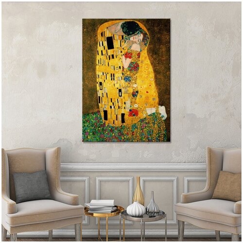 Картина на холсте для интерьера на стену в спальню, гостиную, прихожую, детскую, кухню, офис - Густав Климт Поцелуй 50х70