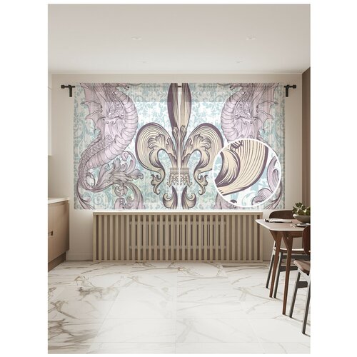Тюль для кухни и спальни JoyArty "Лиственный орнамент", 2 полотна со шторной лентой шириной по 145 см, высота 180 см.