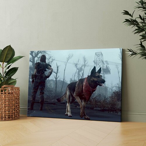 Картина на холсте (Мужчина в красной рубашке и собака в лесу) 20x30 см. Интерьерная, на стену.