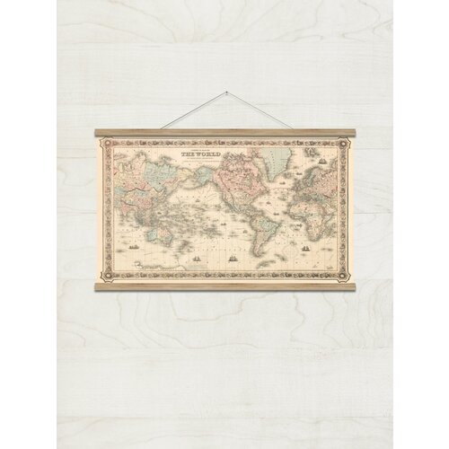 Постер / Плакат / Картина на холсте Старинная карта на холсте - Карта мира Азия-Америка на английском языке 60x90