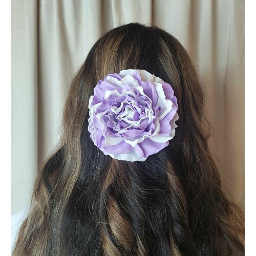 Заколка-брошь для волос/одежды/сумки большой цветок роза двухцветный лилово-белый 0111м