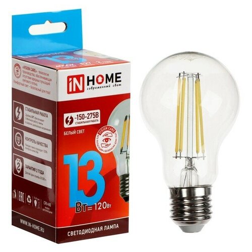 Лампа светодиодная IN HOME LED-A60-deco, 13 Вт, 230 В, Е27, 4000 К, 1370 Лм, прозрачная