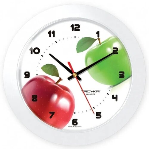 Часы настенные TROYKA 51510533, круг, белые с рисунком "Яблоки", белая рамка, 30,5х30,5х5,4 см