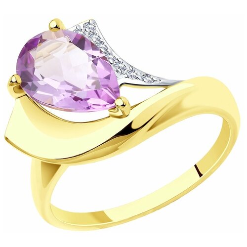 Кольцо Diamant, желтое золото, 585 проба, фианит, аметист, размер 17.5