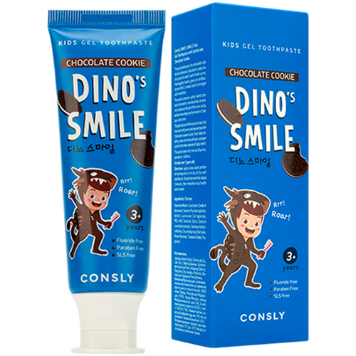 Детская гелевая зубная паста DINO's SMILE c ксилитом и вкусом шоколадного печенья, 60г, Consly