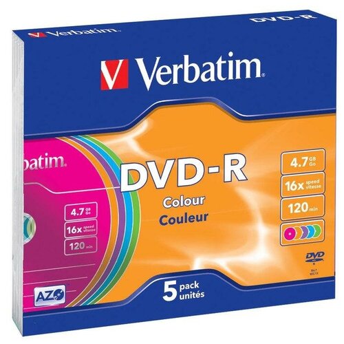 Оптический диск DVD-R Verbatim 4.7ГБ 16x, 5шт, slim case, разноцветные [43557]