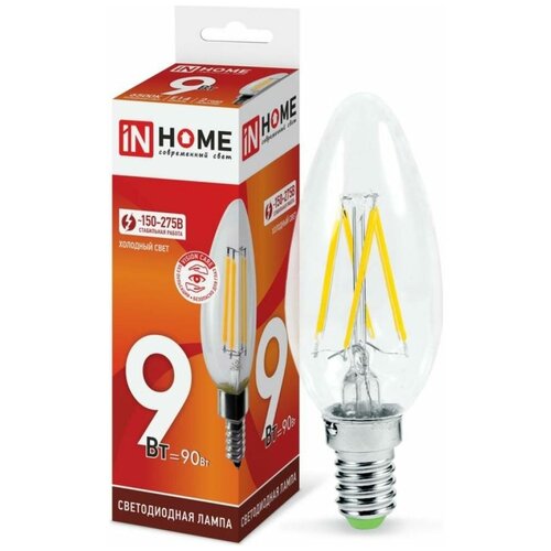 Светодиодная LED лампа свеча нитевидная IN HOME LED-СВЕЧА-deco 9Вт 230В Е14 6500К 810Лм прозрачная 4690612030197