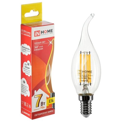 Лампа светодиодная IN HOME led-свеча на ветру-deco, Е14, 7 Вт, 3000 К, 630 Лм