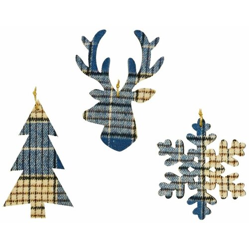 Набор ёлочных игрушек дерево, текстиль, синий, 14 см (3 шт.), Kaemingk (Decoris)
