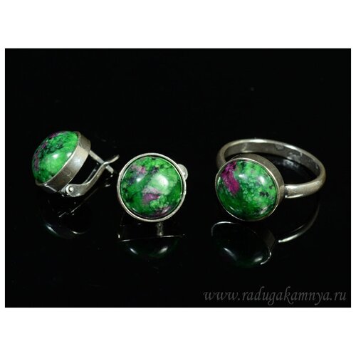 Комплект бижутерии: кольцо, серьги, цоизит, размер кольца 19, зеленый, черный