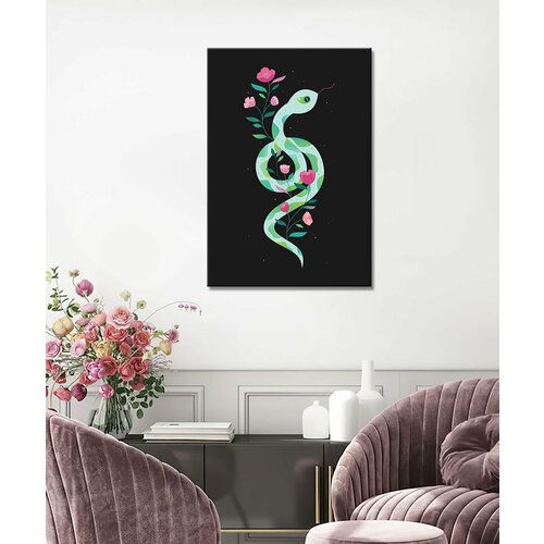 Картина - змея, арт, голубая змея, маленькая змея, змея с цветком, змея на чёрном фоне (116) 50х70