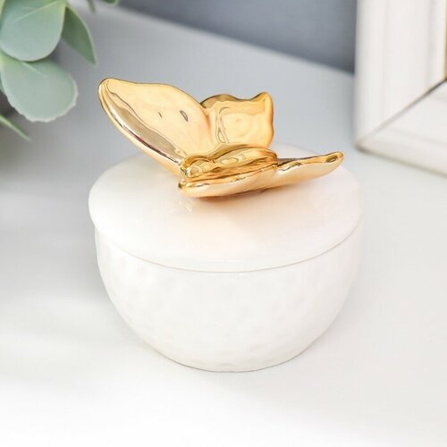 Шкатулка керамика Золотая бабочка белая 6,5х6,5х6 см