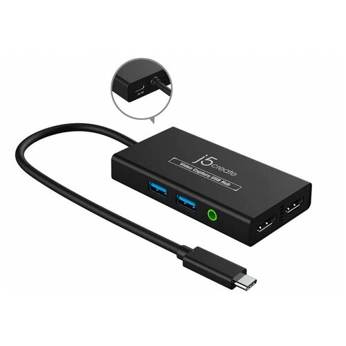 Внешняя карта видео захвата j5create + USB-хаб: 1x HDMI-вход, 1x HDMI-выход, 2x USB-A, 1x 3.5мм аудио