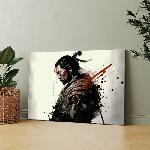 Картина на холсте (Мужчина с мечом и кровью на лице) 50x70 см. Интерьерная, на стену.