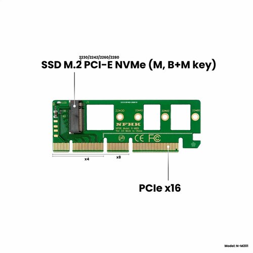Адаптер-переходник (плата расширения) для установки SSD M.2 2230-2280 PCI-E NVMe (M, B+M key) в слот PCI-E 3.0/4.0 x4/x8/x16, зеленый, NHFK N-M201-G