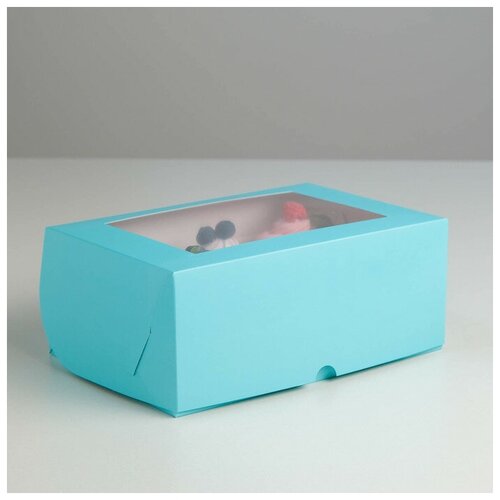 Коробка на 6 капкейков с окном, голубая, 25 х 17 х 10 см 5 шт