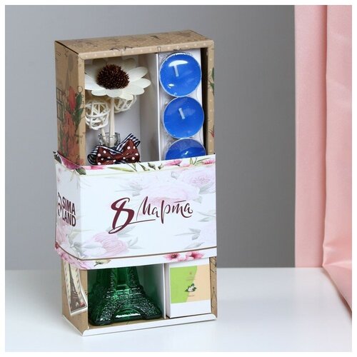 Набор подарочный "Эйфелева башня"(ваза, палочки с декором, свечи, аромамасло), жасмин, 8 марта