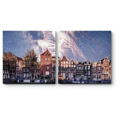 Модульная картина Яркий фейерверк в ночном небе Амстердама 40x20