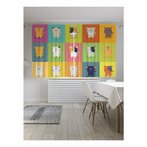 Шторы, фотошторы короткие JoyArty "Коты в квадрате" 145х180 (2 полотна), сатен