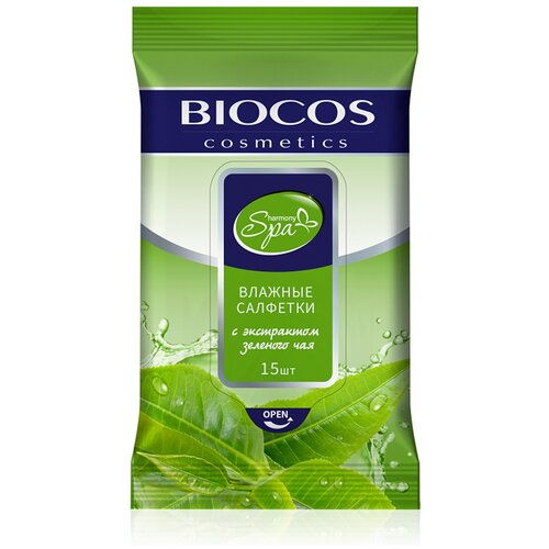 BioCos Влажные салфетки Spa harmony, с экстрактом зеленого чая, 15 шт.