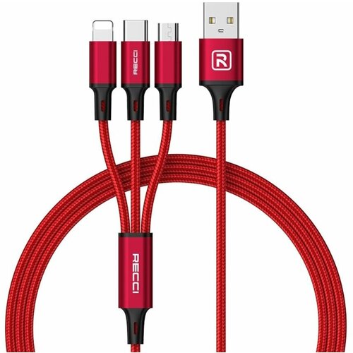 Кабель для зарядки телефона Recci RCS-D120 Tube USB to Type-C+Lightning+Micro-USB, 1.2 метра, красный