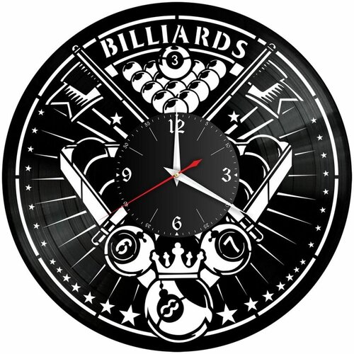 Часы из винила Redlaser "Бильярд, Billiards, бильярдные шары, кий" VW-10592