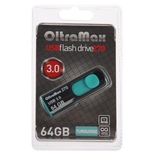 Флешка OltraMaх 270, 64 Гб, USB3.0, чт до 70 Мб/с, зап до 20 Мб/с, бирюзовая