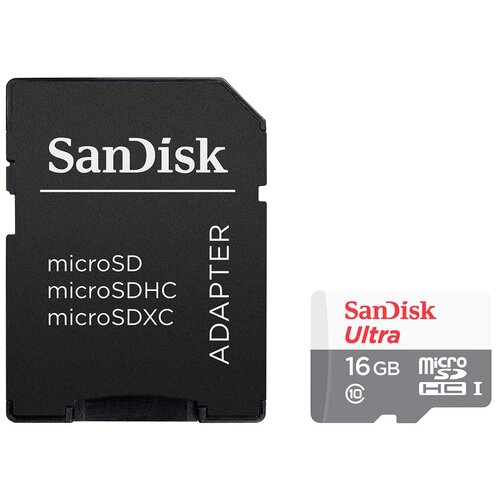 Карта памяти SanDisk microSDHC 16 ГБ Class 10, V10, A1, UHS-I, R 80 МБ/с, адаптер на SD, 1 шт., черный
