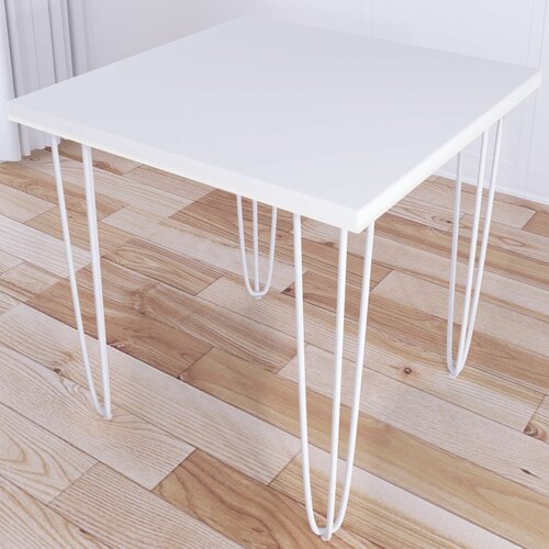 Стол кухонный Loft с квадратный столешницей белого цвета из массива сосны 40 мм и белыми ножками-шпильками, 70x70х75 см