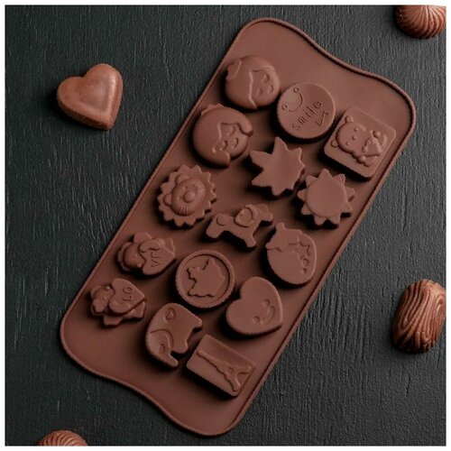 Форма для шоколадных конфет силиконовая "Пара, Cлон, LoVe, Клубника", 15 ячеек