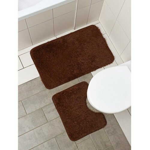Набор ковриков для ванной и туалета Доляна «Пушистик», 2 шт: 38×49, 49×79 см, цвет коричневый