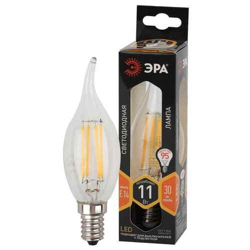 Лампа светодиодная филаментная F-LED BXS-11W-827-E14 BXS 11Вт свеча на ветру E14 тепл. бел. | код. Б0047001 | Эра (25шт. в упак.)