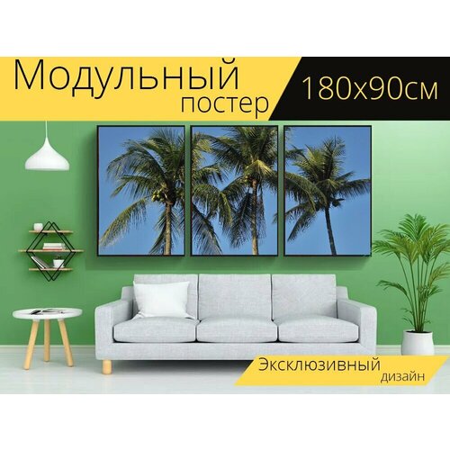 Модульный постер "Королевские пальмы, кокосовые пальмы, пальмовые листья" 180 x 90 см. для интерьера