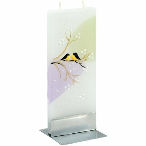 Свеча плоская декоративная Flatyz "Снегири на ветке" FL-0010, прямоугольная, кремовая, на подставке, 6х7х15см