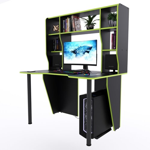 Компьютерный стол "Лакер" с большой надстройкой, 140х80х152,6 см, чёрный с зелёной кромкой
