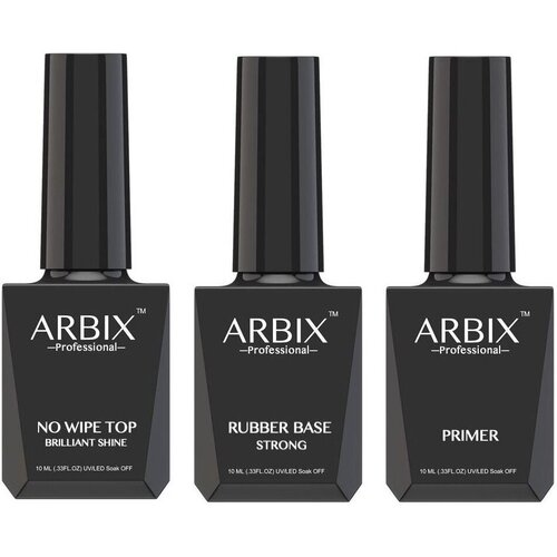 Arbix Набор для маникюра No Wipe Top Brilliant Shine + Rubber Base Strong + Primer, прозрачный, 10 мл