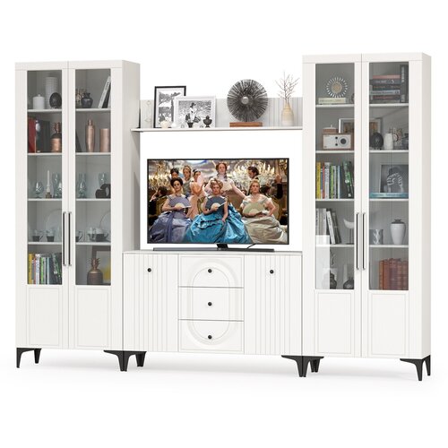 Мебельная Мини-Стенка для гостиной под телевизор 302см белый шагрень/МДФ белый шагрень - НЖ1233